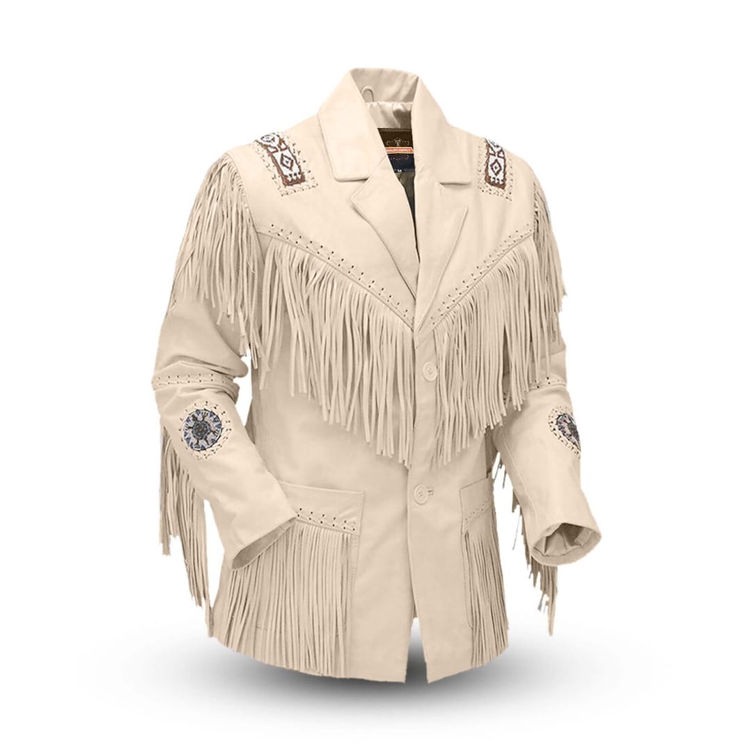 Mens Native American Western Cowboy Leather Jacket With Fringed & Beads ...