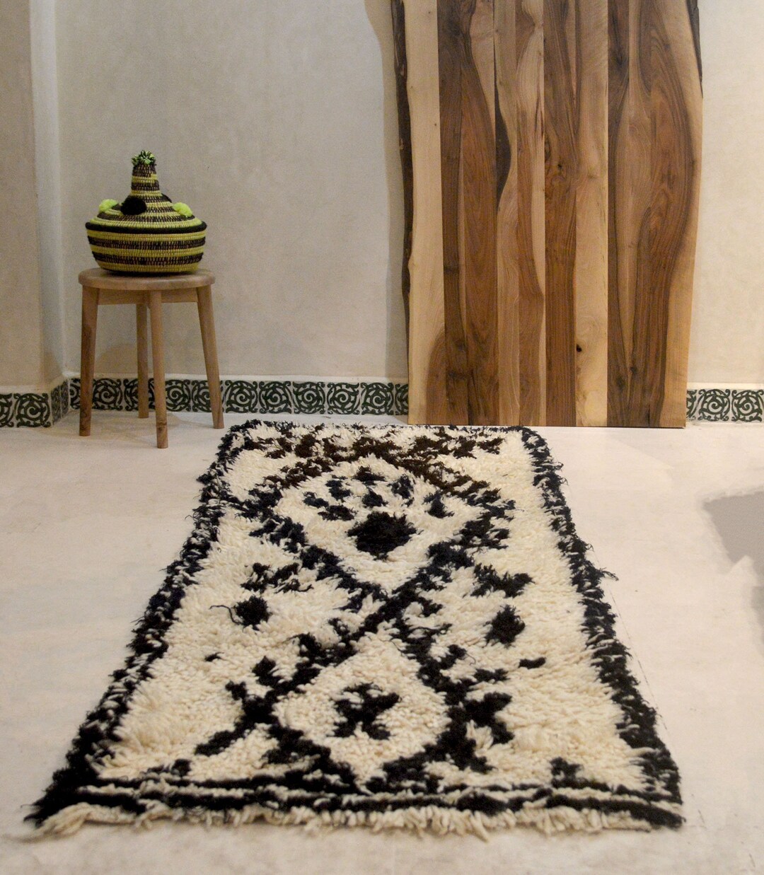 220x87 Cm HL2053 /10 Hand Knotted Beni Ouarain Cream Long Black ...