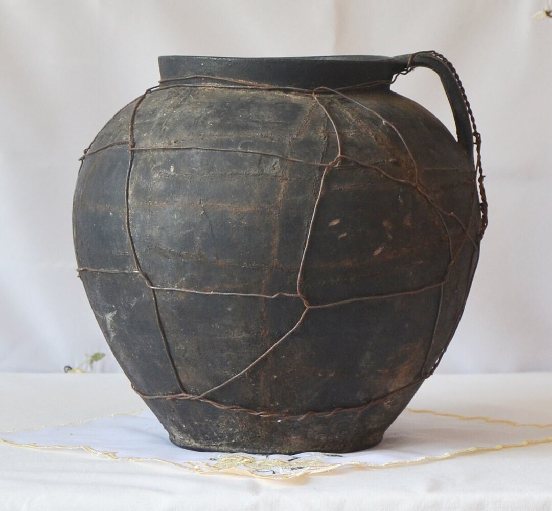 Wabi Sabi Pot, Very Big Black Clay Vessel, Old Large Black Clay Pot ...