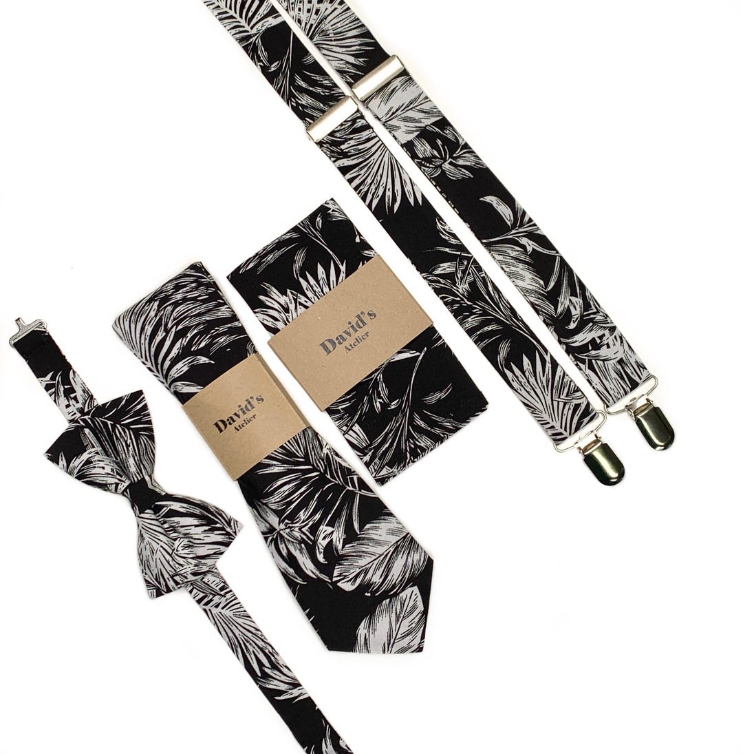 Black Tropical Hawaiian Tie , Black and White Floral Tropical Necktie ...