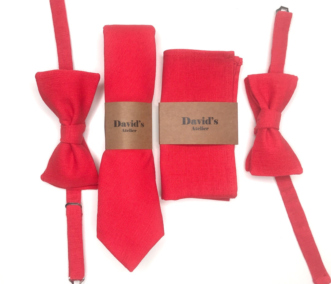 Bright RED Necktie , Linen Poppy Red Davids Bridal Tie , Solid Linen ...
