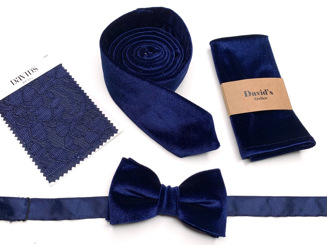 Blue Velvet Bow Tie, Midnight Navy Blue Velvet Bow Tie, Necktie Pocket ...