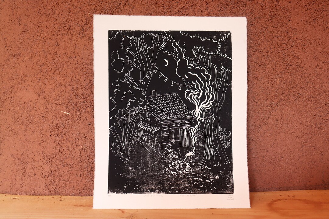 Cabin at Night Handmade Linocut Print - Etsy Canada
