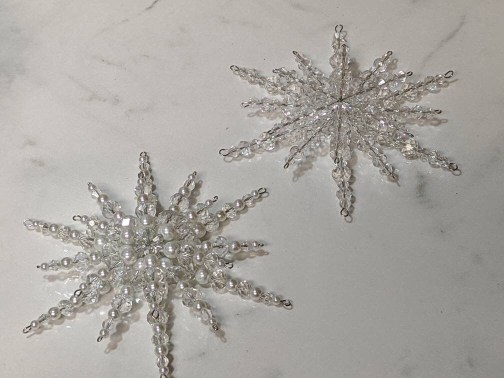 Snowflake Beaded Ornament clear pearl glass beads christmas | Etsy