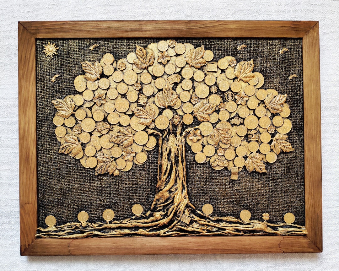 Decorative Painting Gold Money Tree of Wishes in a Frame, Picture Money ...