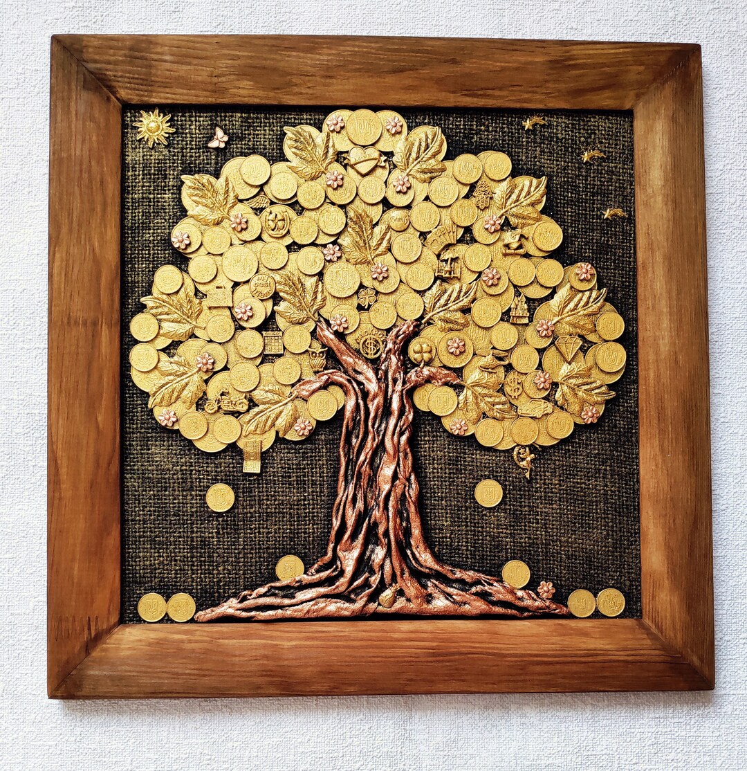 Decorative Painting Golden Money Tree of Wishes (30x30 Cm) in a Frame ...