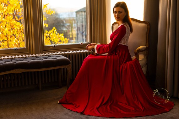 Long Bridal Morning Red Robe & White Lace Details Long - Etsy