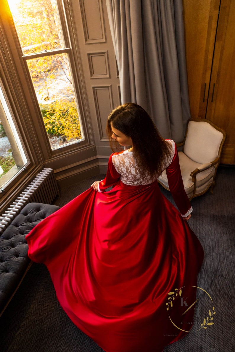 Long Bridal Morning Red Robe & White Lace Details, Long Sleeve, Silk ...