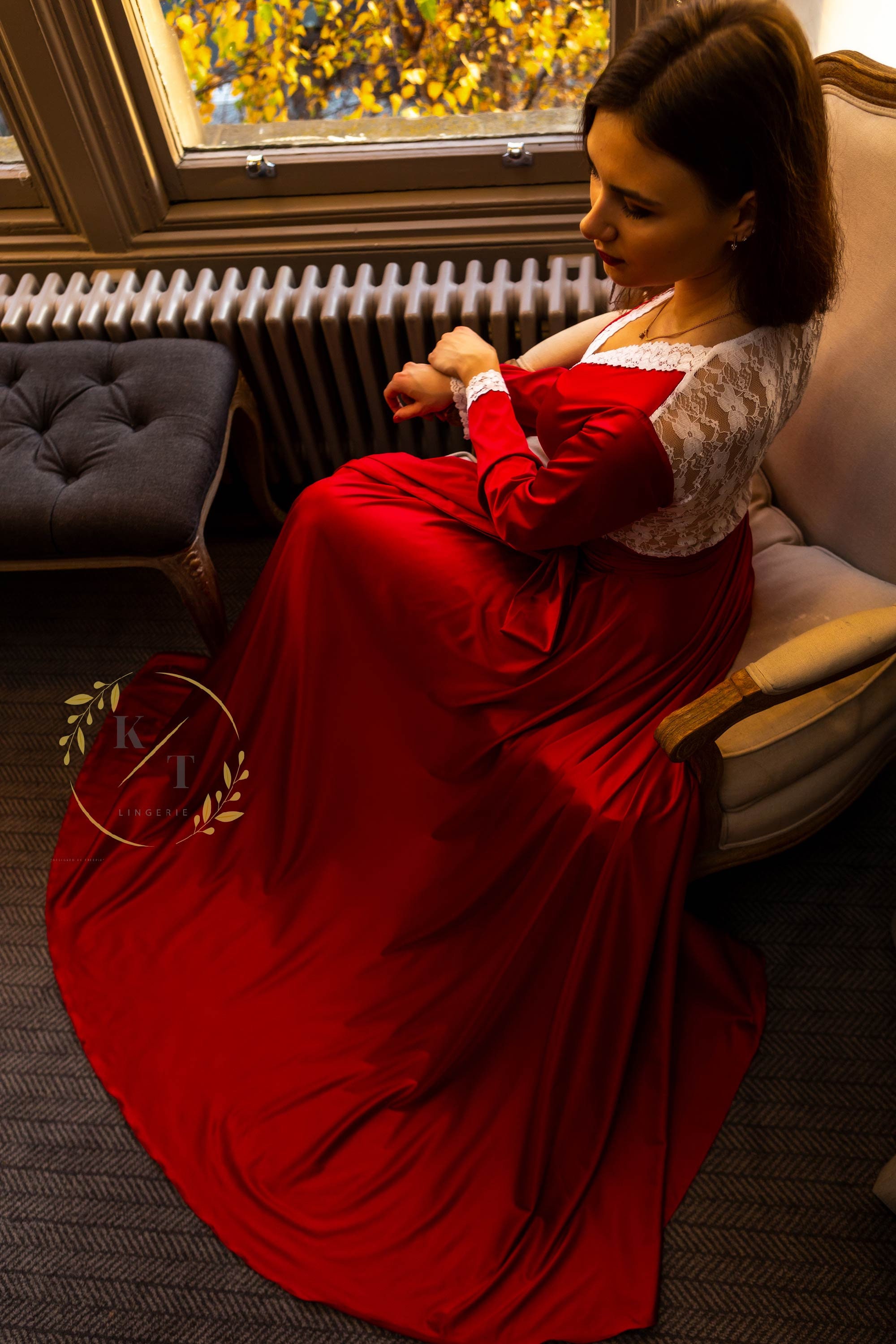 Long Bridal Morning Red Robe & White Lace Details Long - Etsy