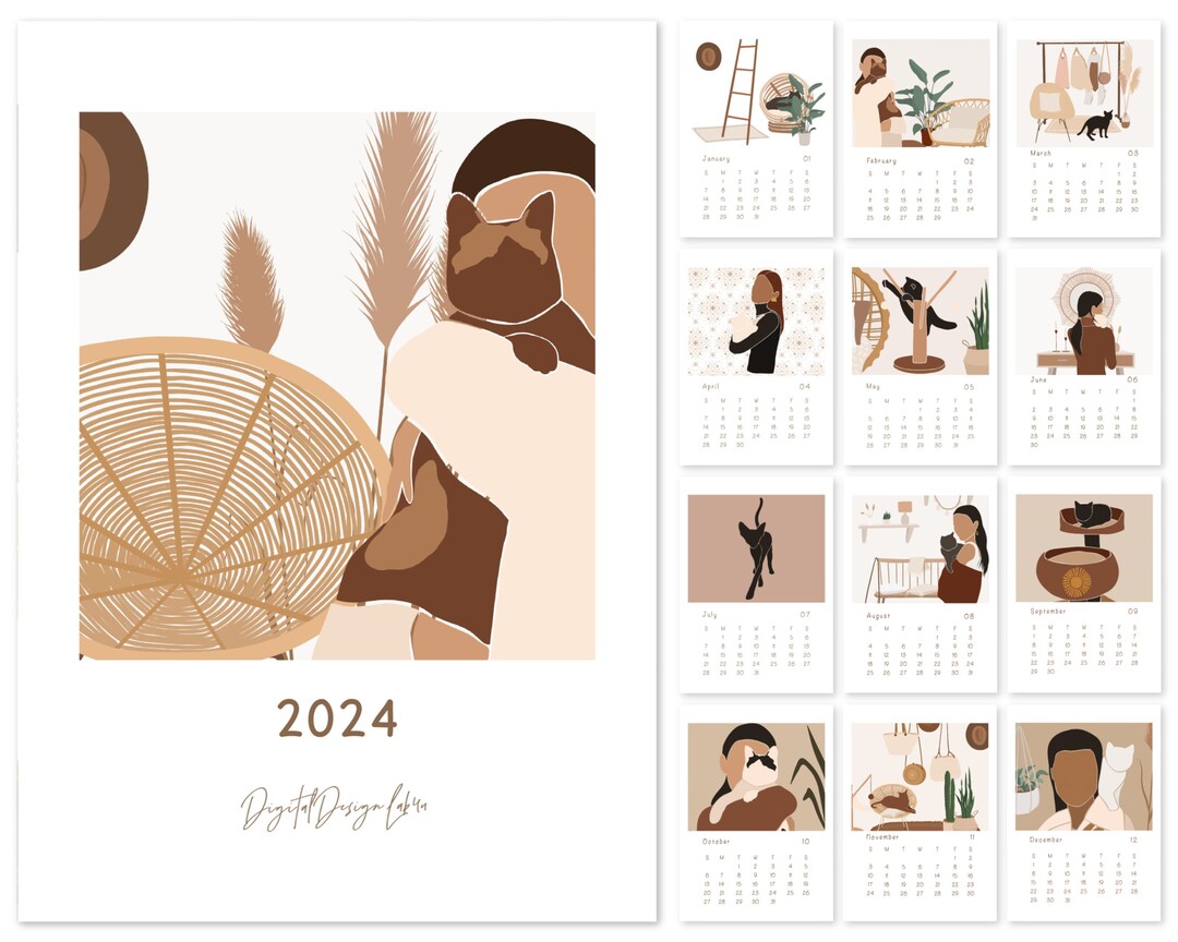 2024 Printable Women and Cat Bohemian Calendar New 2024 Boho - Etsy