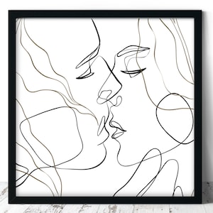 Romantic Love Art Kisses Love Art One Line Couple Art Print Abstract ...
