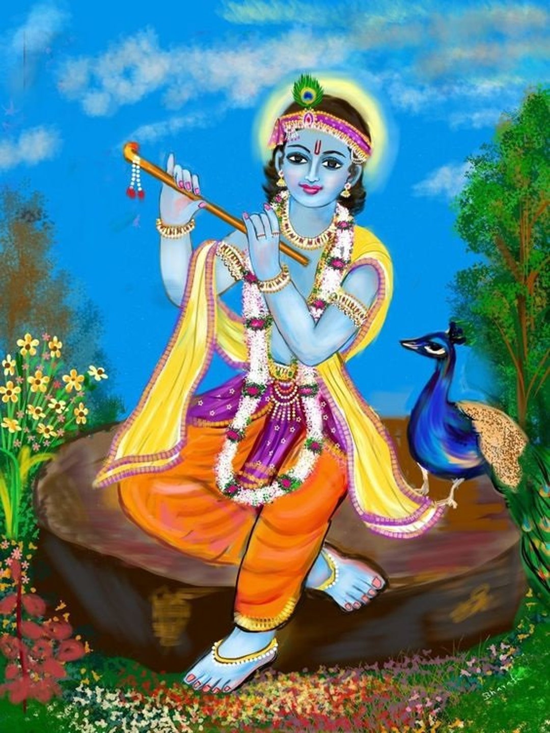 Lord Krishna Playing Flute A Hand Painted Painting on Canvas (without Frame) - Etsy