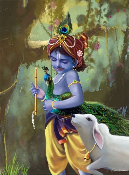 Krishna With Peacock and Cow Hand Painted Painting on Canvas without Frame - Etsy