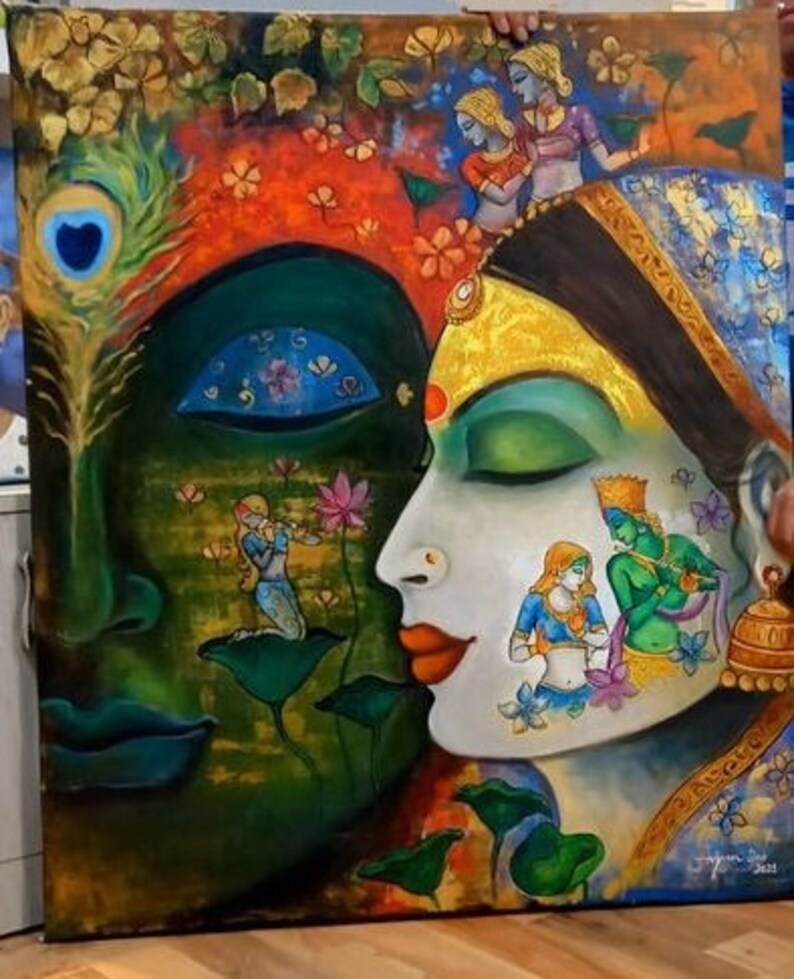 Devotion of Krishna Hand Painted Painting on Canvas without Frame - Etsy