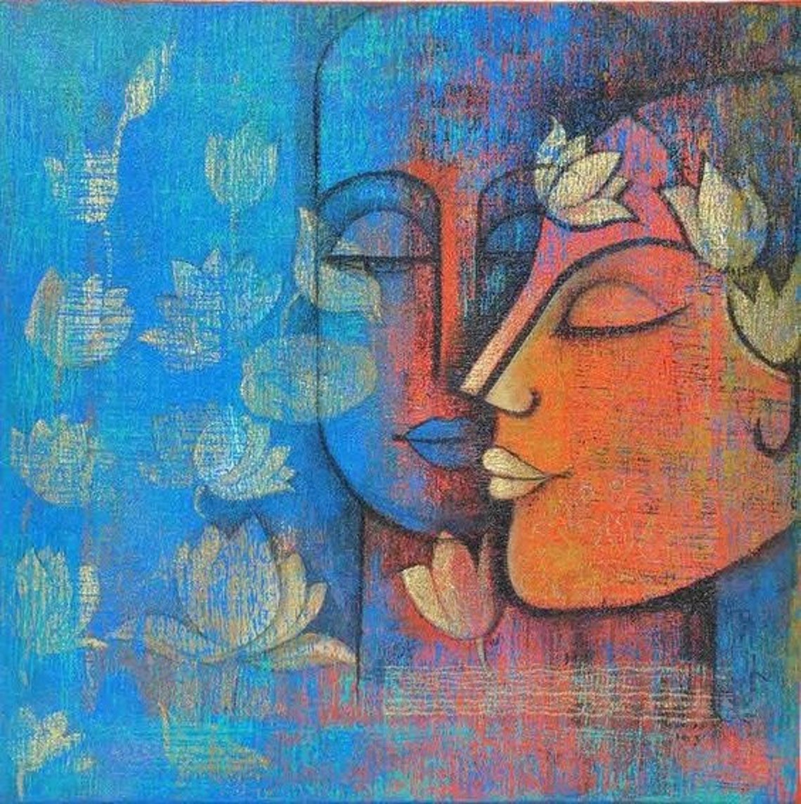 Radha With Krishna C Hand Painted Painting on Canvas without Frame - Etsy