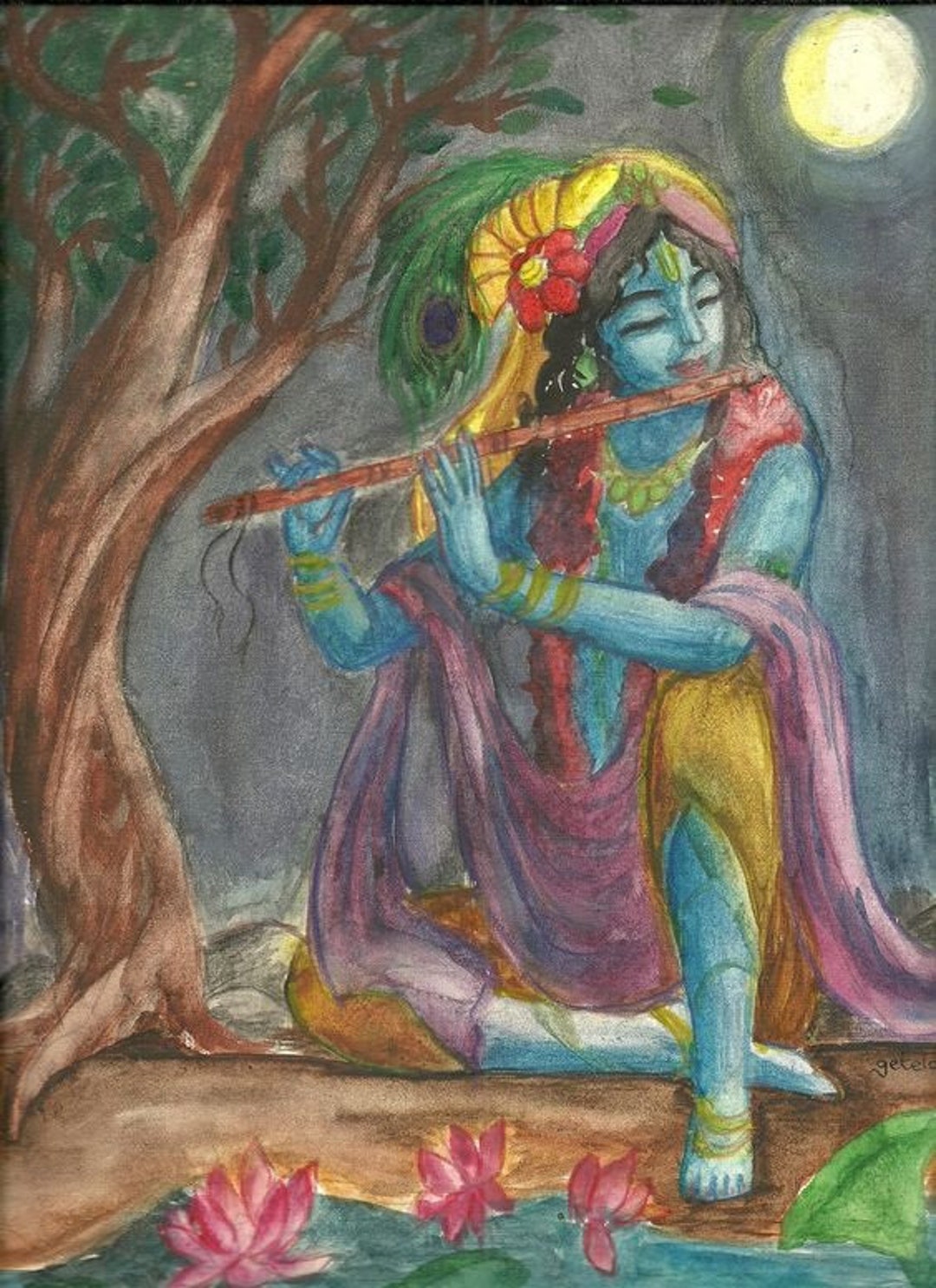 Lord Krishna Playing Flute D Hand Painted Painting on Canvas (without Frame) - Etsy
