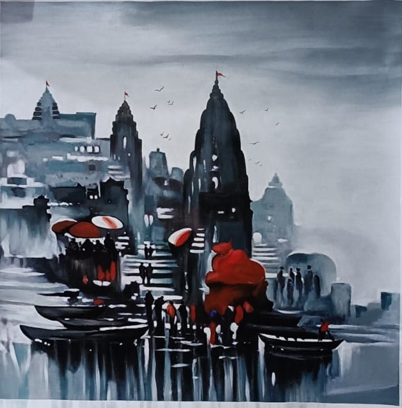 Soulspaze Banaras Ghat Varanasi B Handpainted Paintings on Canvas Wall ...