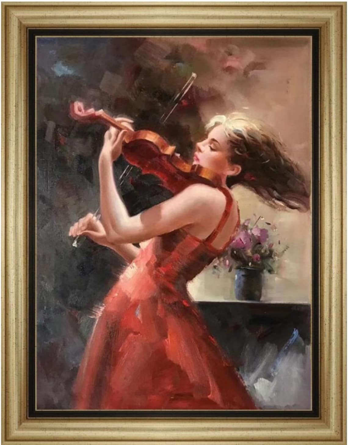 A Girl Playing Violin Hand Painted Paintings on Canvas Wall Art ...
