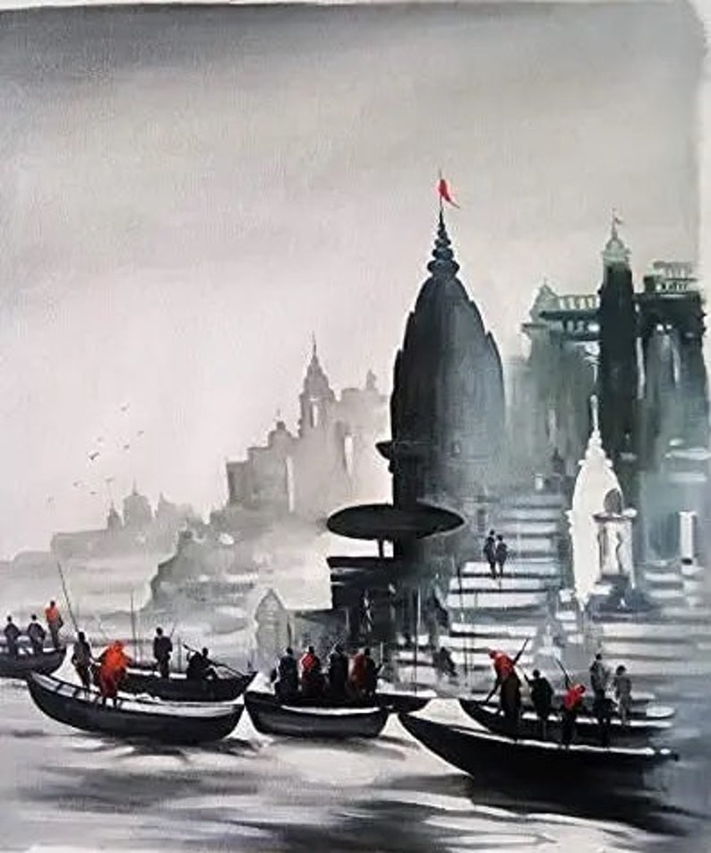 Soulspaze Banaras Ghat Varanasi A Handpainted Paintings on Canvas Wall ...