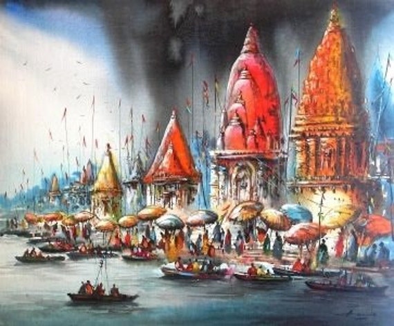 Banaras Ghat C Hand Painted Painting on Canvas without Frame - Etsy