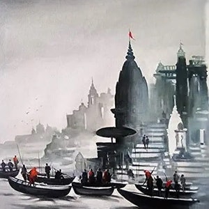 Soulspaze Banaras Ghat Varanasi A Handpainted Paintings on Canvas Wall ...