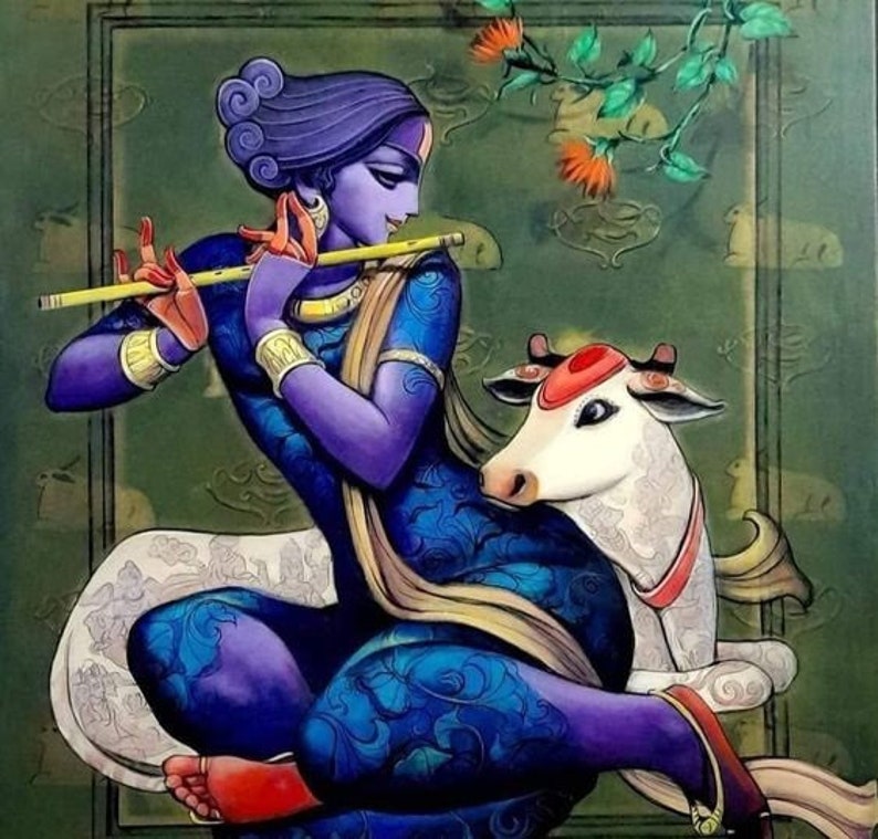 Krishna Playing Flute With A Cow A Hand Painted Painting on Canvas without Frame - Etsy