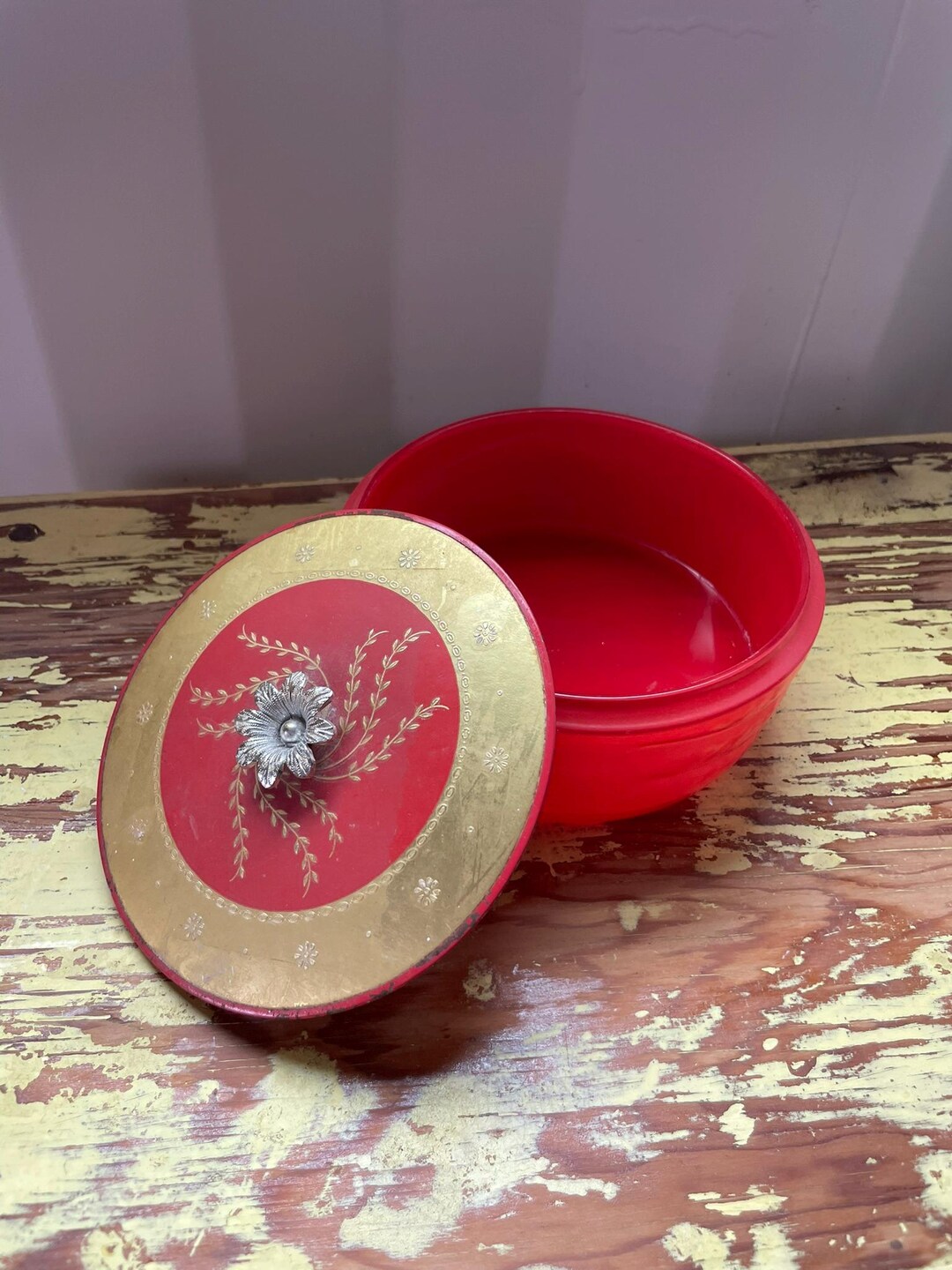 Vintage 1950s Avon Red and Gold Lacquered Powder Box With Floral Metal ...