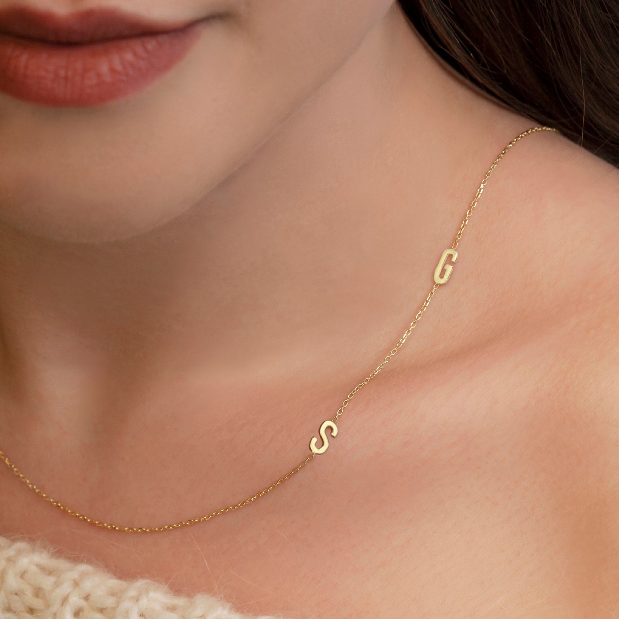 14k solid gold initial necklace Initial Necklace | Etsy