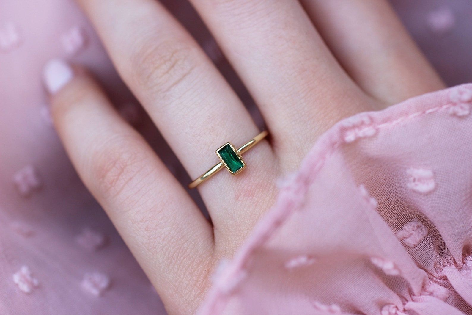 Emerald Dainty Baguette Stacking Ring Simple Emerald Ring - Etsy