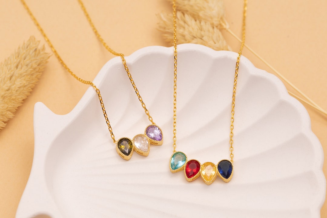 14k Solid Gold Pear Birthstone Necklace, Pear Gemstone Necklace, Gold ...