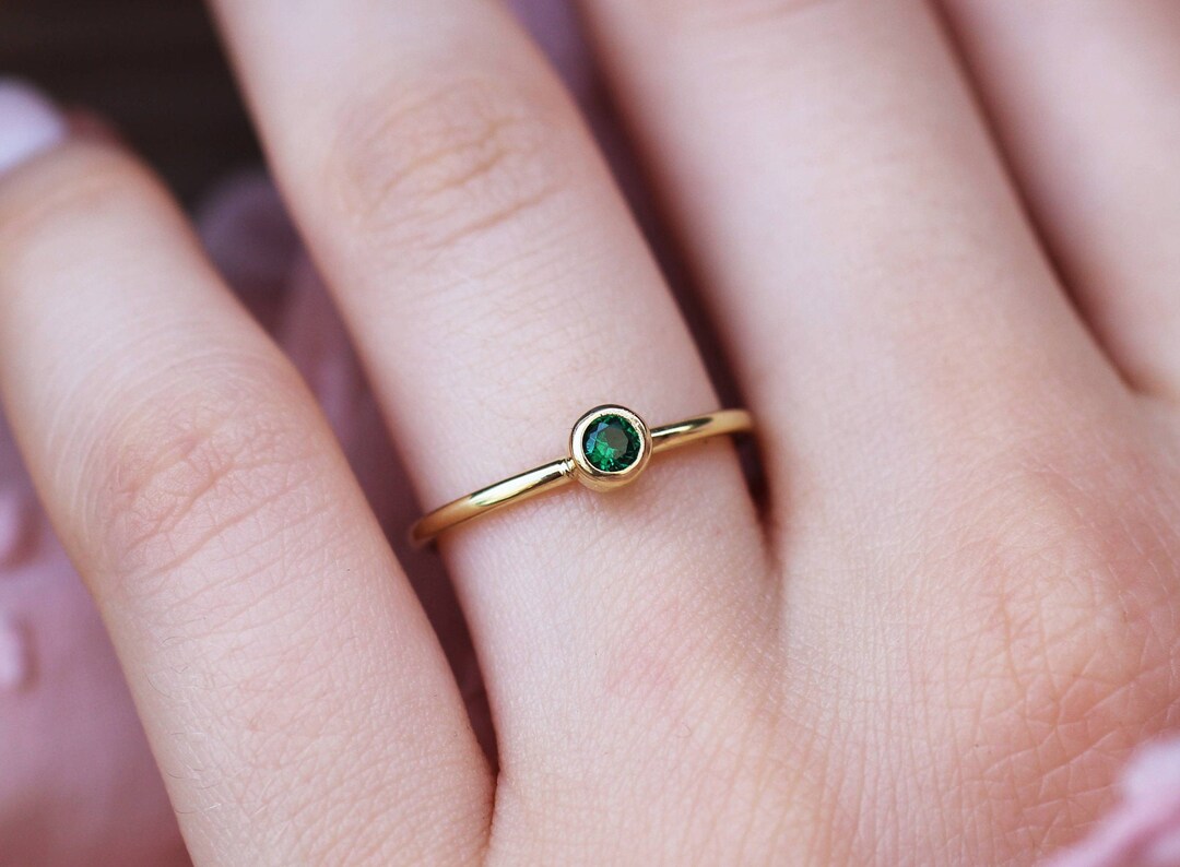 14K Solid Gold Birthstone Ring, Thin Birthstone Ring, Stacking Ring ...