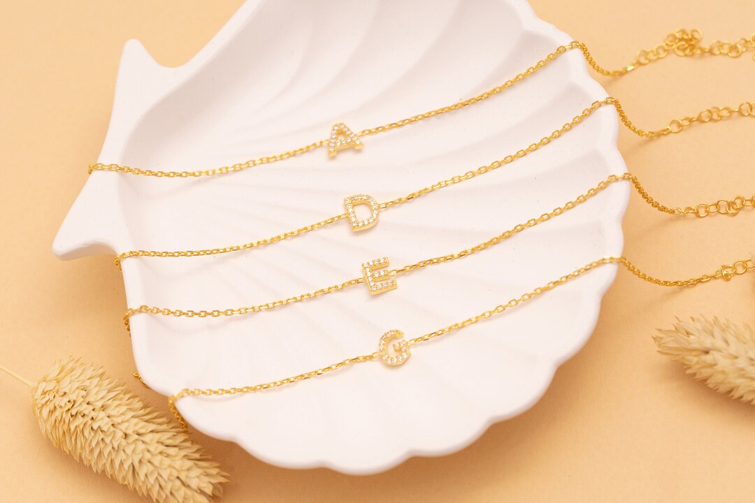 14K Solid Gold Diamond Initial Bracelet, Initial Diamond Bracelet, Gold ...
