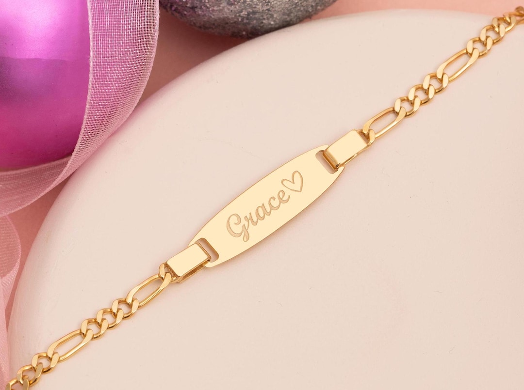 14k Solid Gold Baby Name Bracelet , Baby Id Bracelet , Custom Baby ...