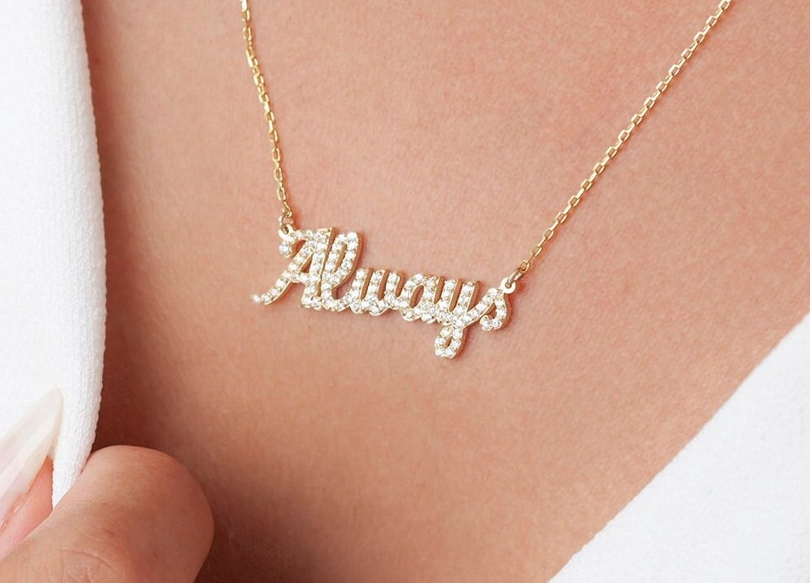 14k Solid Gold Name Necklace, Diamond Name Necklace, Personalized Gift ...