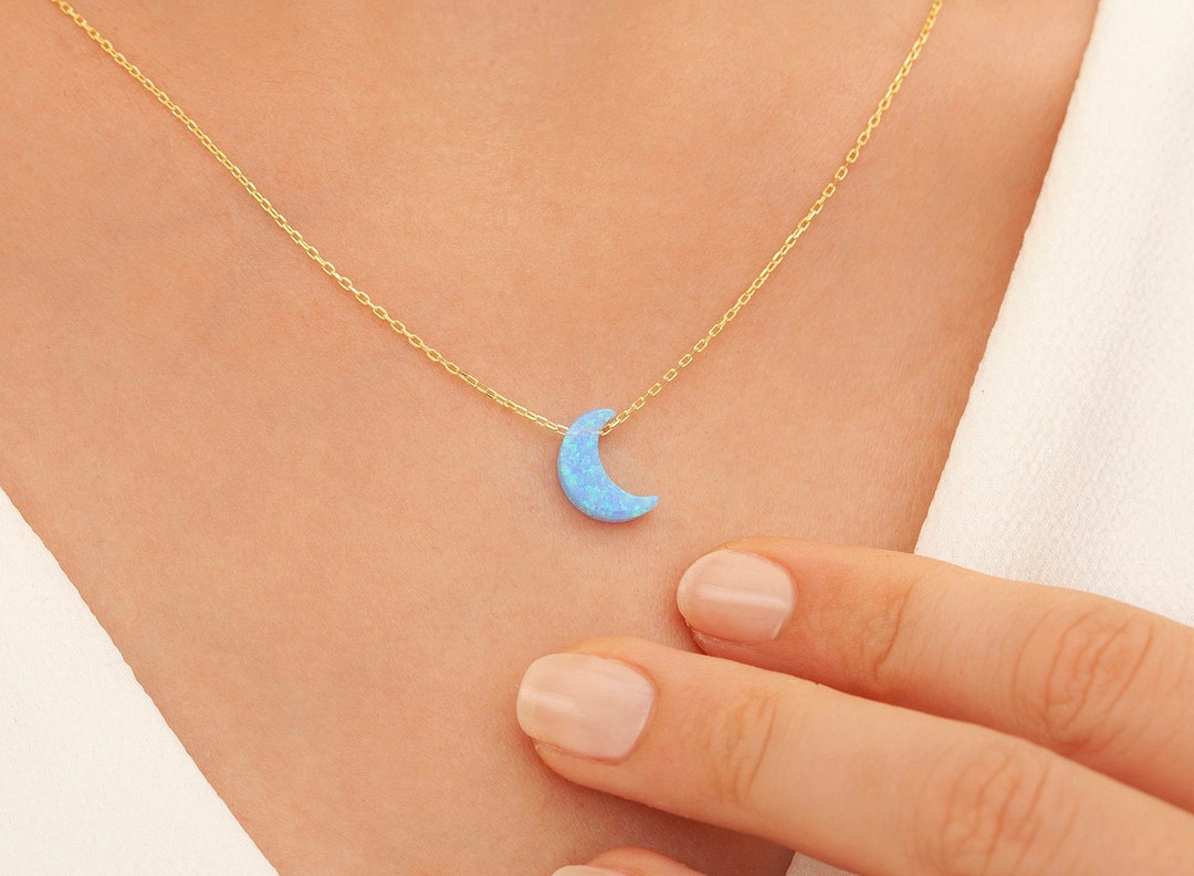 Opal Moon Necklace, Dainty Moon Necklace, White Opal Moon Necklace, Blue Opal Moon Necklace, 14k ...
