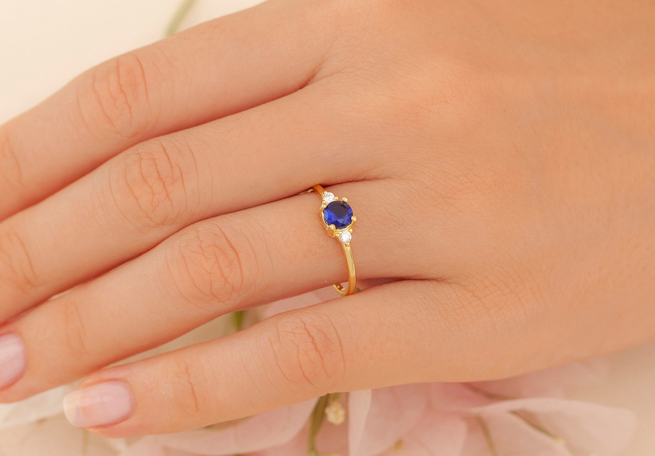 14k Solid Gold Sapphire Ring Sapphire Gold Ring Delicate - Etsy