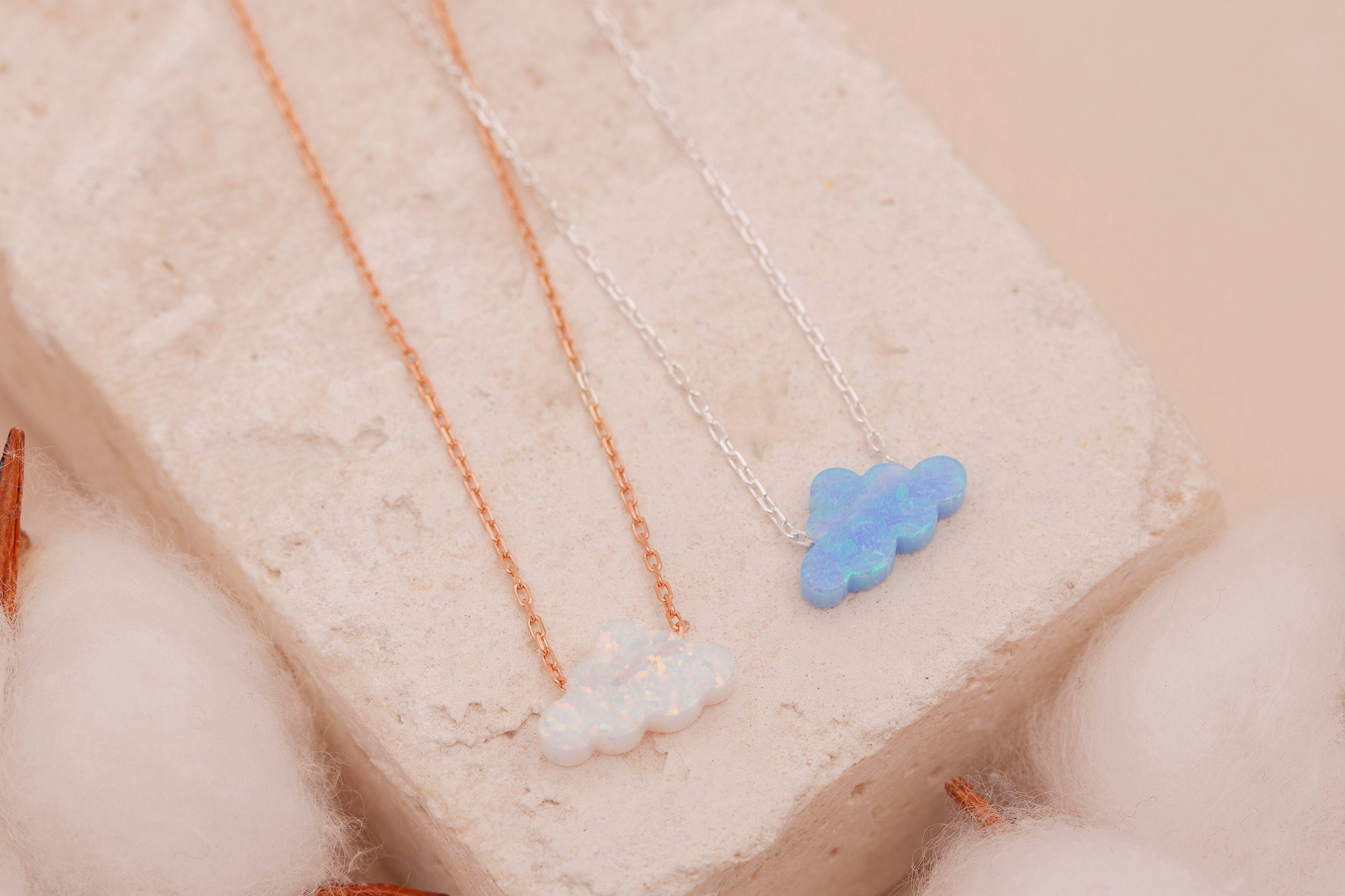 14k Solid Gold Cloud Necklace, 14k Opal Cloud Necklace, Cloud Pendant Necklace, Birthday Gift ...
