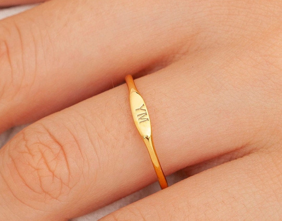 14k Solid Gold Tiny Signet Ring, 14k Gold Letter Ring, Dainty Ring, Personalized Letter Ring ...