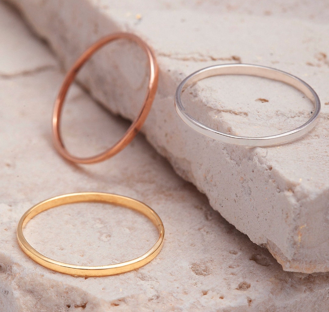 Gold Midi Ring, 14k Solid Gold Stacking Rings, 3 Midi Gold Rings, Band ...