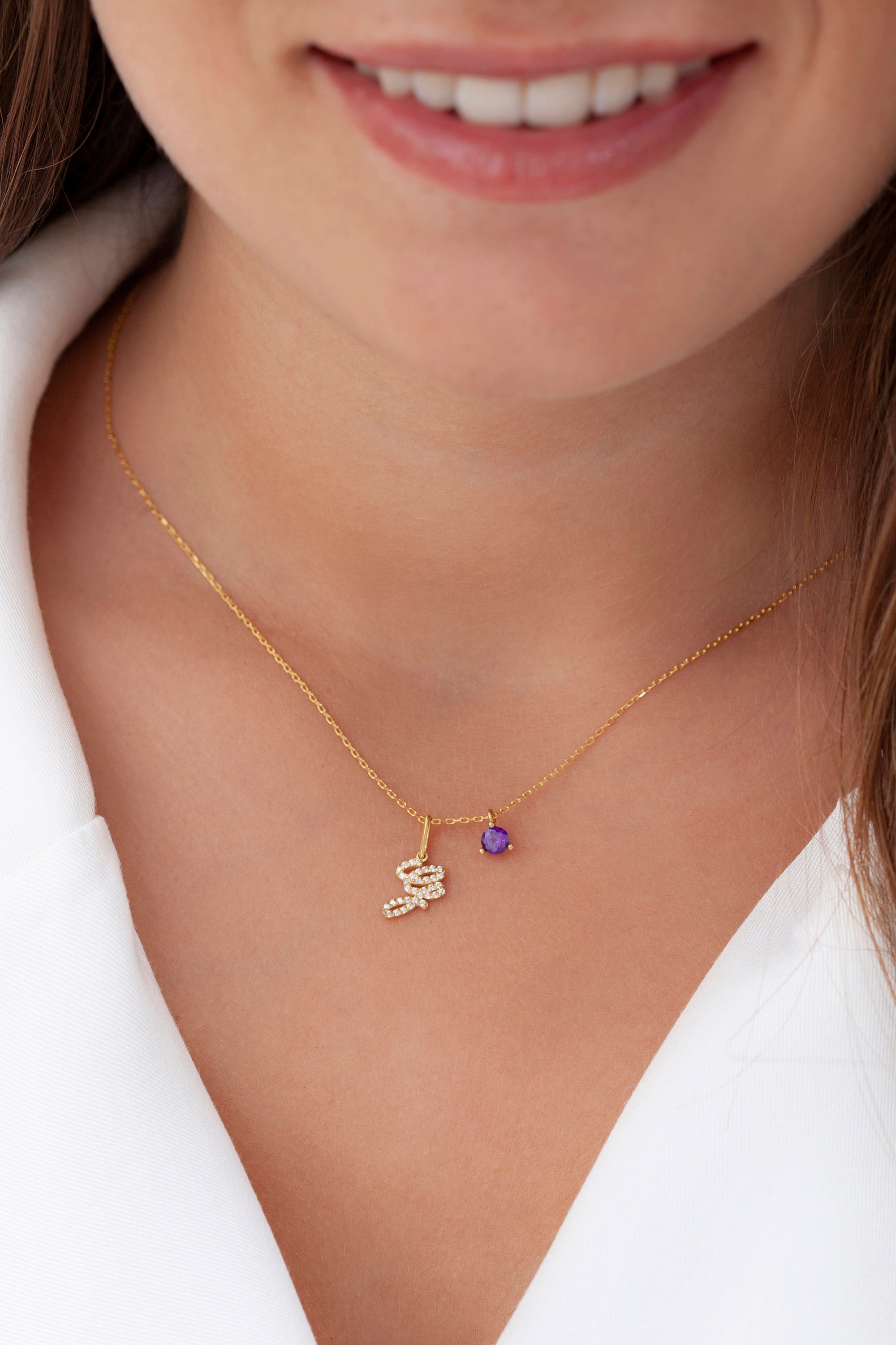 Birthstone Letter Necklace, Birthstone Initial Necklace, Customized ...
