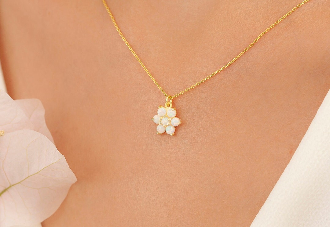 14k Solid Gold Opal Necklace, Opal Pendant, White Opal Flower Necklace ...