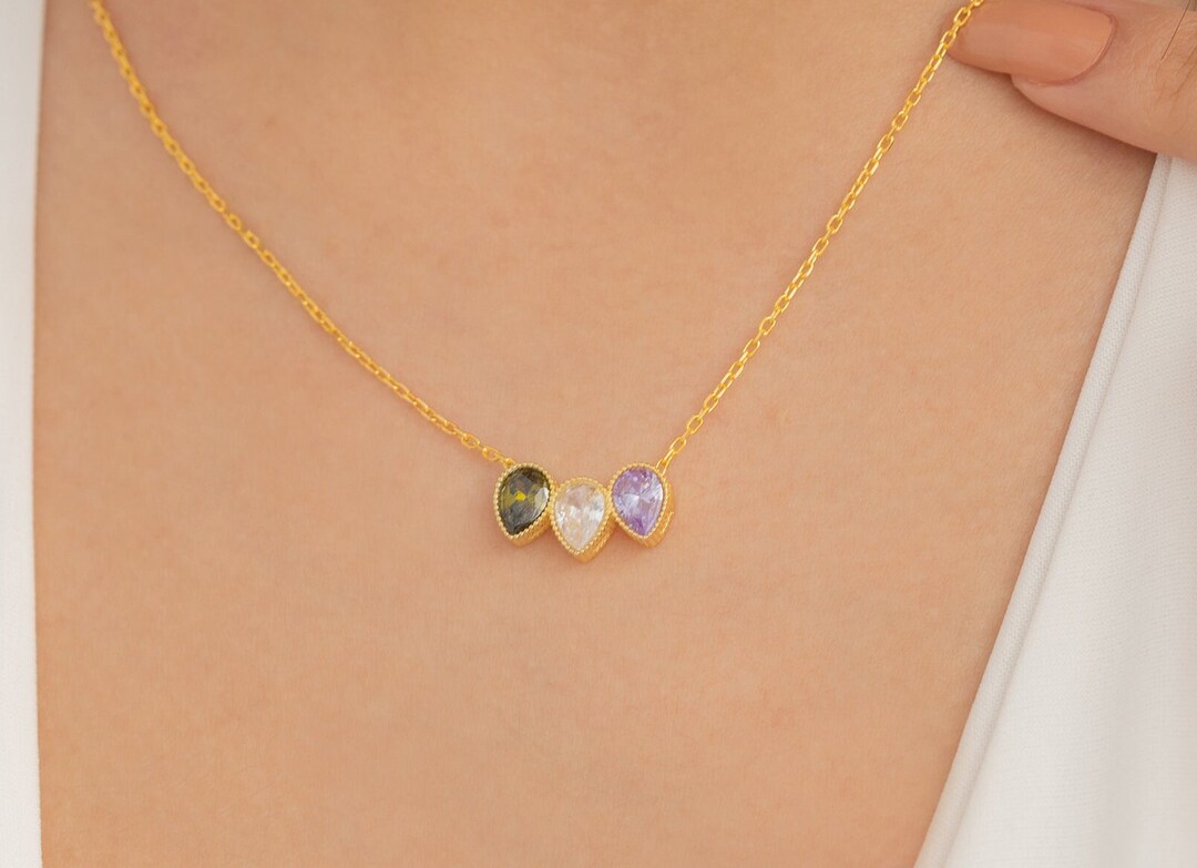14k Solid Gold Pear Birthstone Necklace, Pear Gemstone Necklace, Gold ...