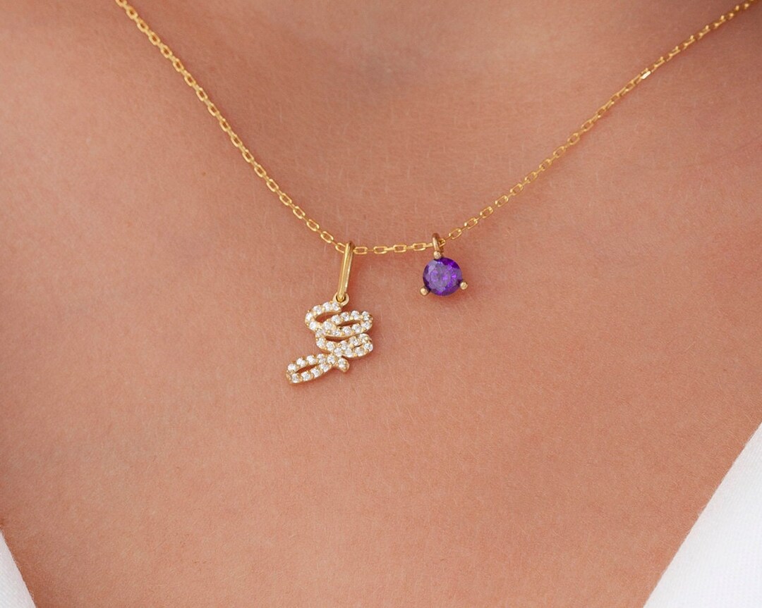 Birthstone Letter Necklace, Birthstone Initial Necklace, Customized ...