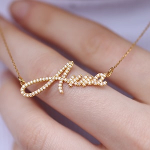 14k Solid Gold Name Necklace, Gold Diamond Name Necklace, Personalized ...