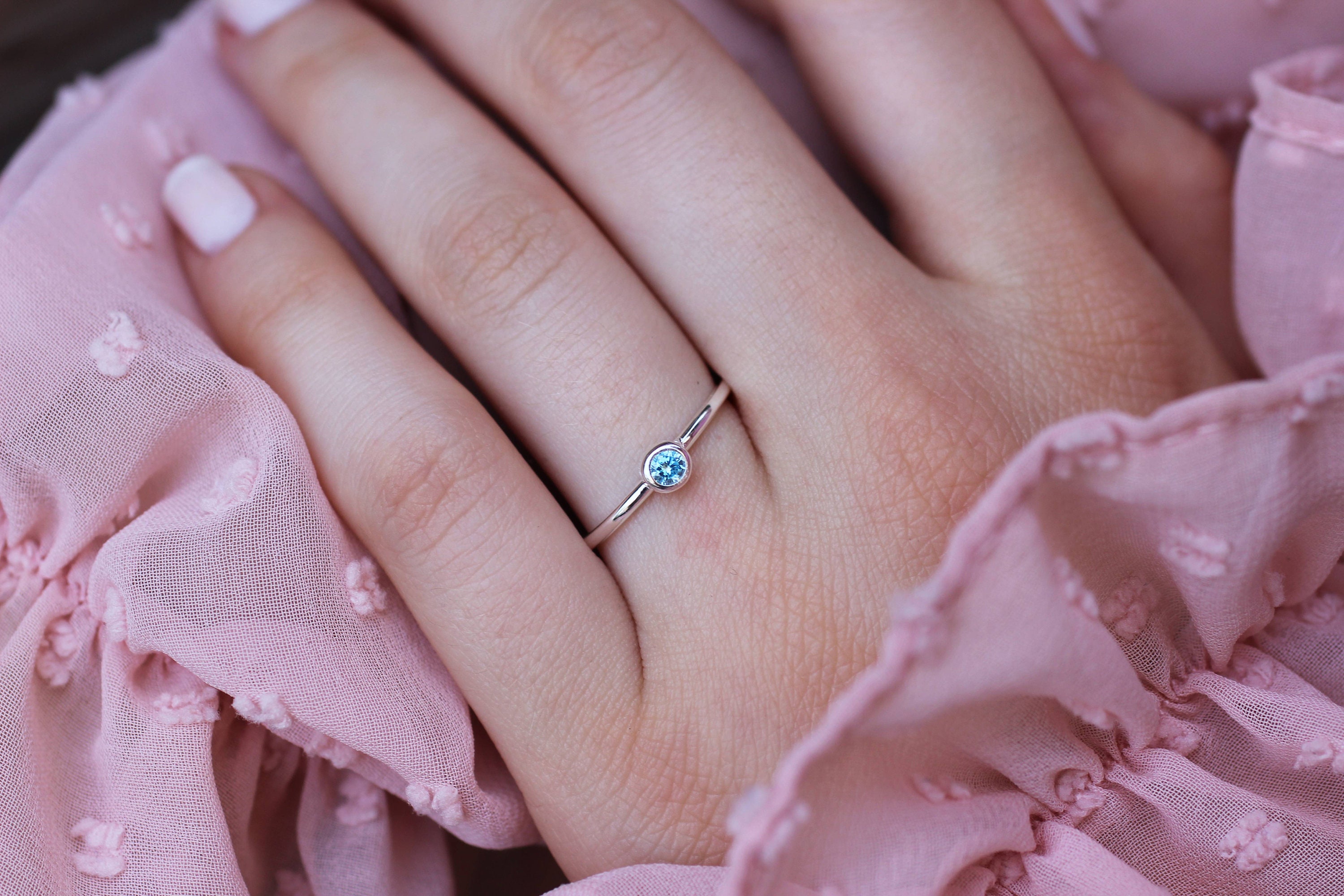 14K Solid Gold Birthstone Ring Thin Birthstone Ring Stacking - Etsy