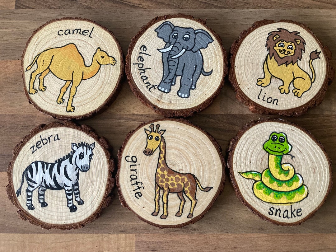 Zoo Animals- Hand Painted Wooden Slices - Etsy