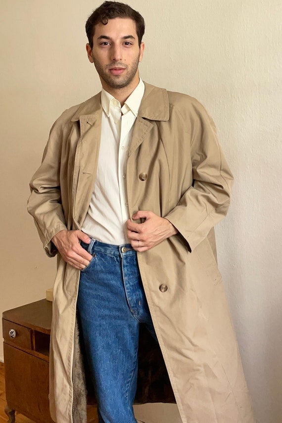 1990s Vintage Beige Long Trench Coat | Size L Relaxed… - Gem