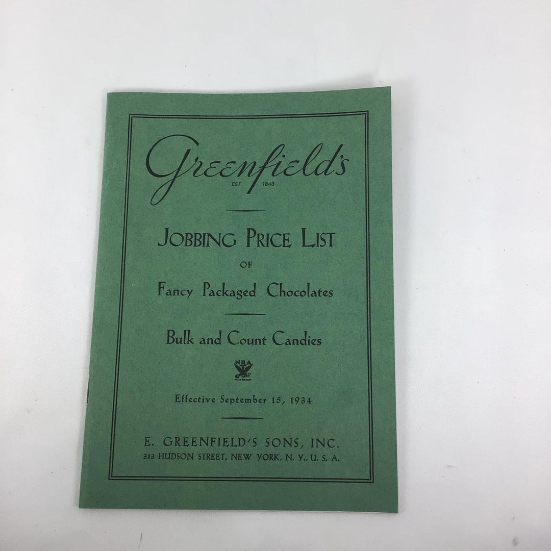 1934 Greenfield’s Chocolate Company NYC Jobbing Price List of Fancy ...