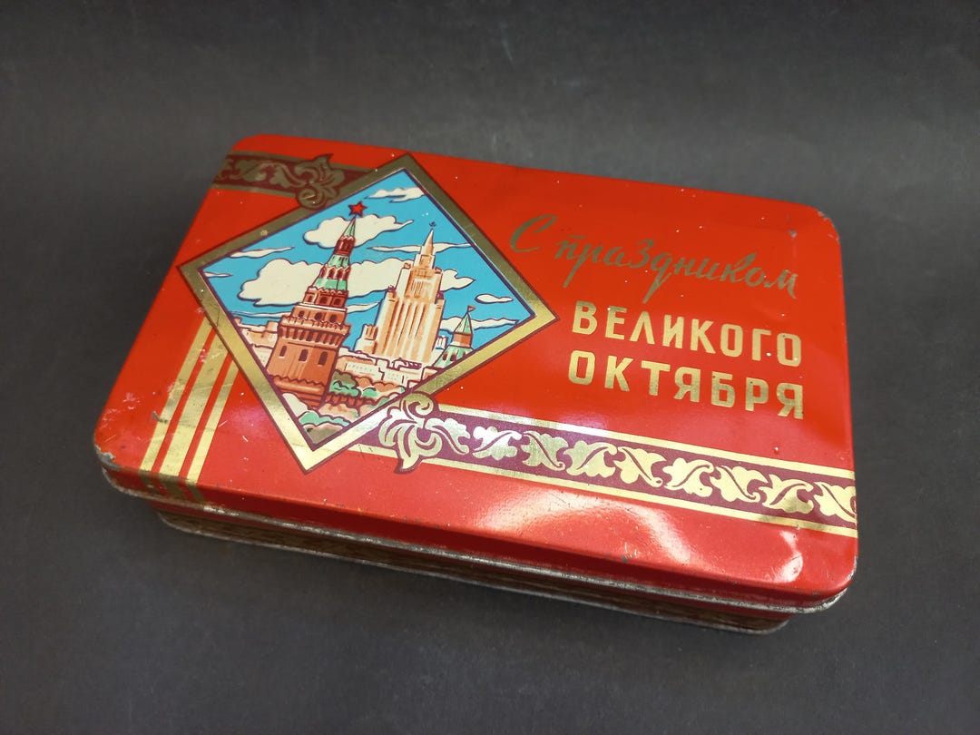 Soviet Vintage Tin Candy Box glory to the Great October, Communist ...
