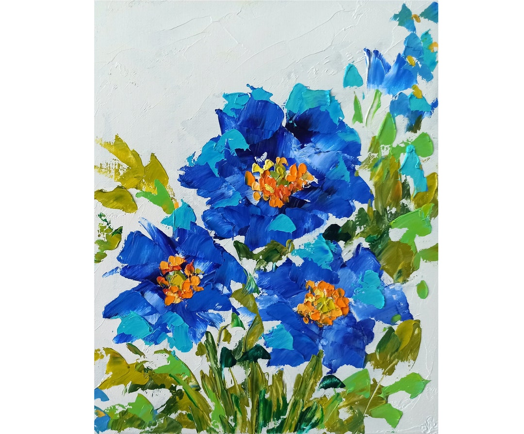 Blue Poppy Painting Flower Original Art Impasto Oil Painting Blue Poppy ...